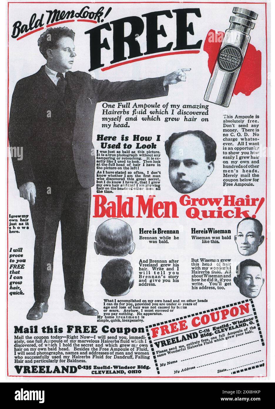 1929 Vreeland's Hairerbs Fluid Ad - Bald Men Grow Hair Quick Stock ...