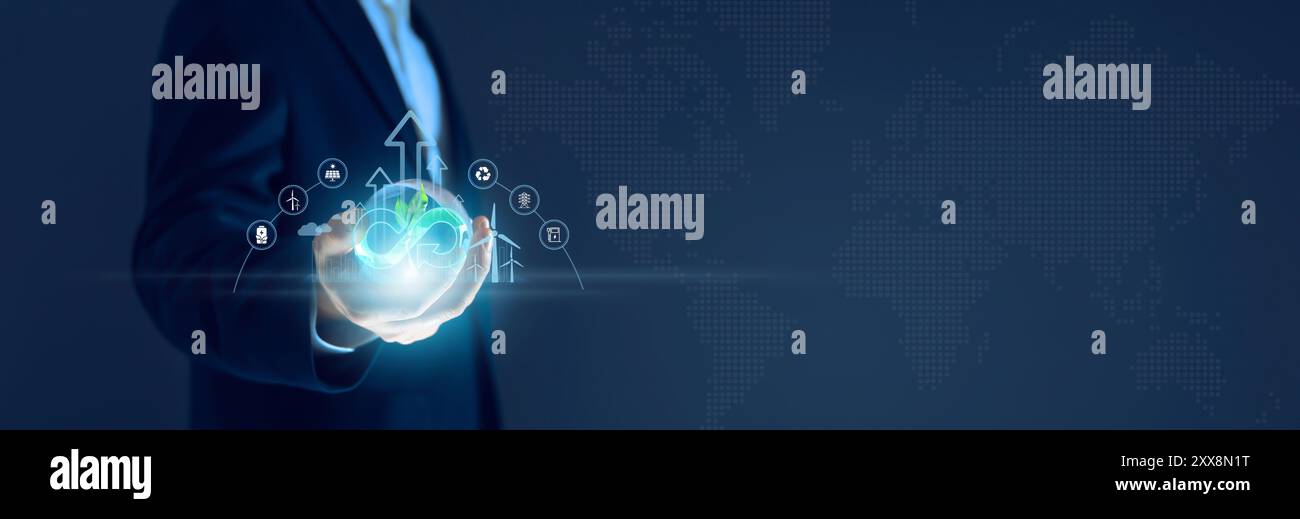 The businessman extends his hand, and a sphere appears on it, inside ...