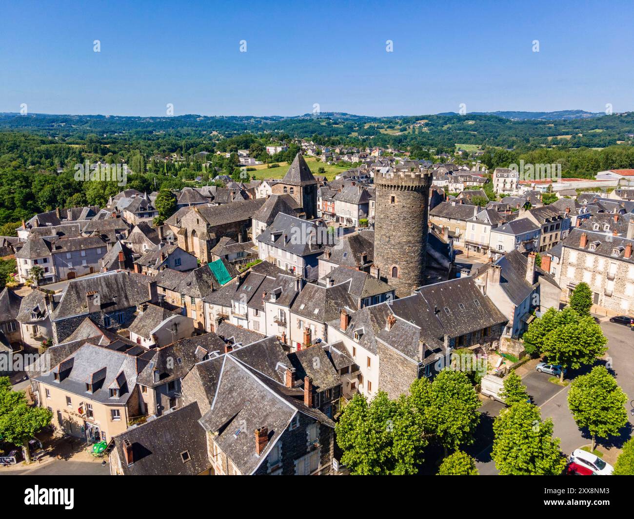 France, Correze, Allassac, the Cesar tower and the village (aerial view ...