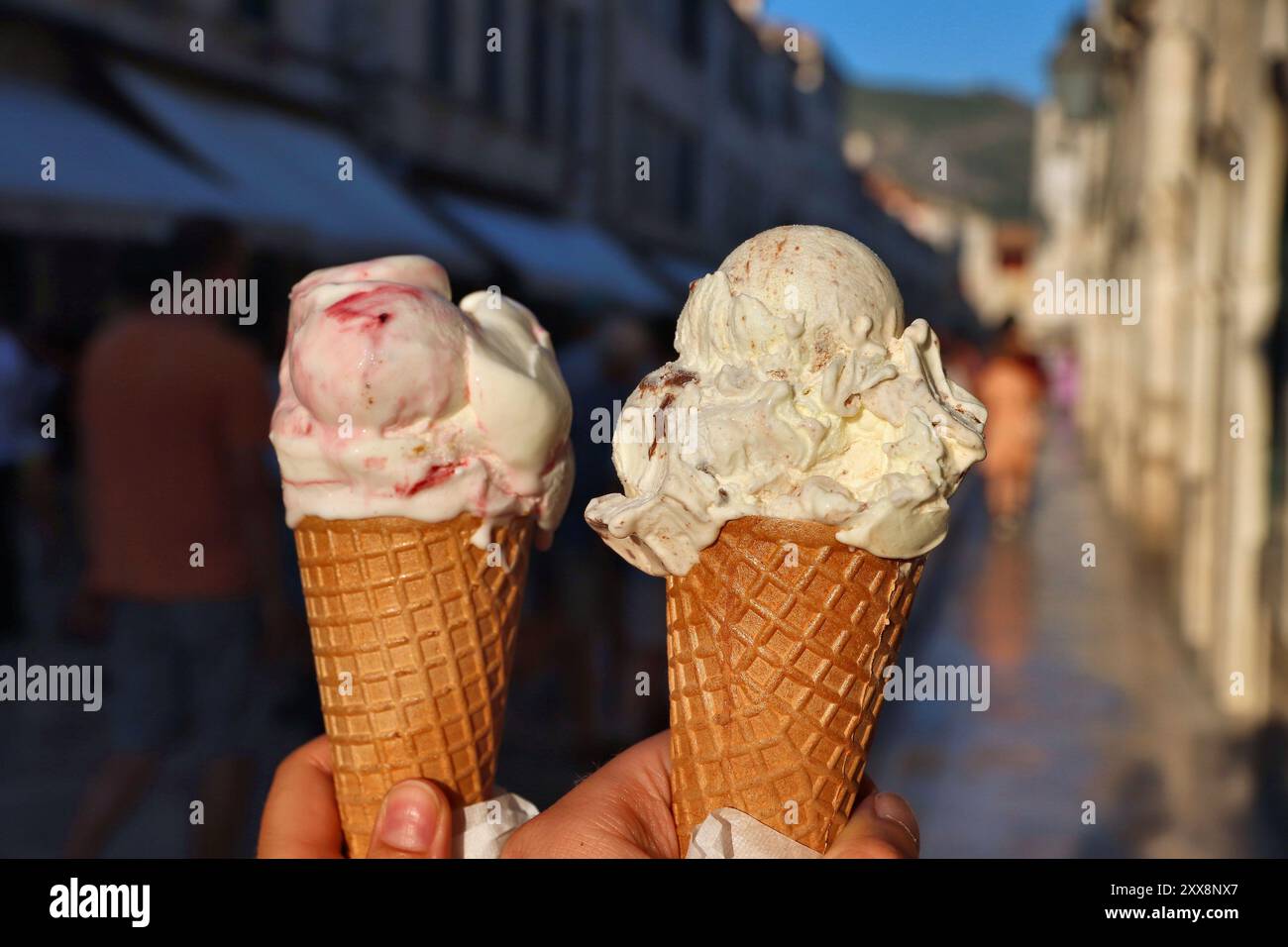 Croatia ice cream - holding ice cream in Dubrovnik Old Town Stradun ...