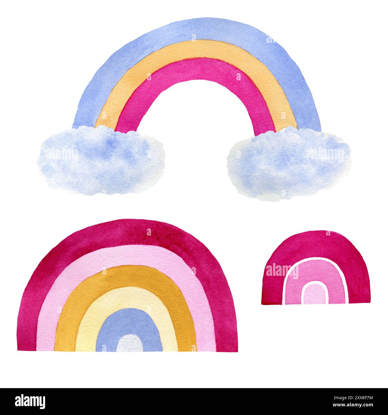 Set of bright cartoon rainbows with clouds isolated on white background ...