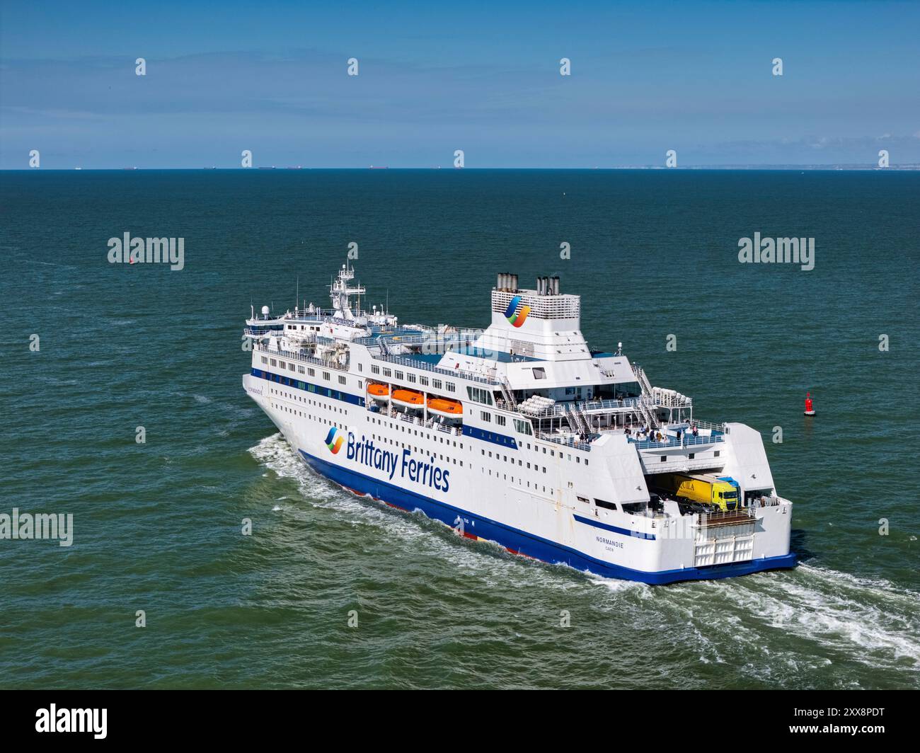 France, Basse-Calvados, Ouistreham, Brittany-Ferries ferry (aerial view ...