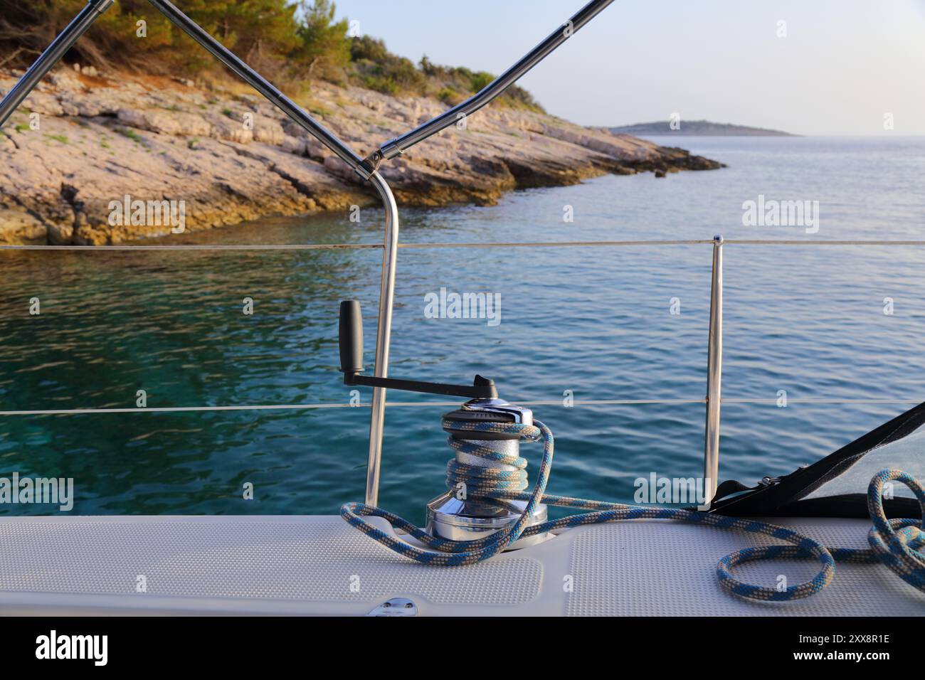 Sailing in Adriatic, Croatia. Yacht equipment: colorful rope on a ...