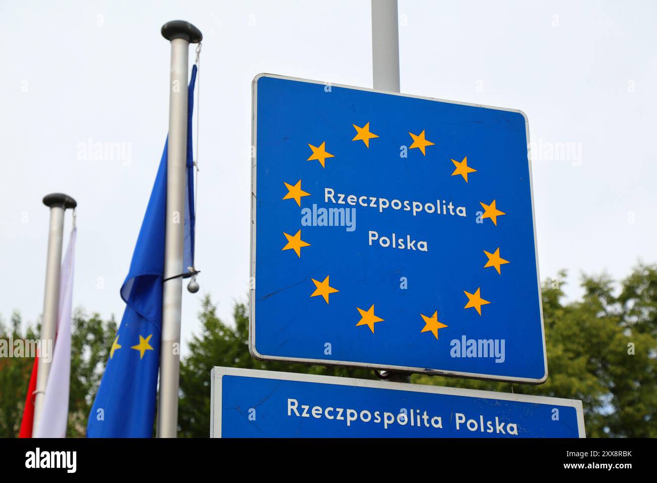 Polish border. Official border sign in Cieszyn, Poland. State border ...