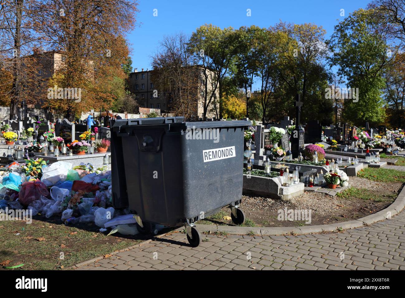 BYTOM, POLAND - NOVEMBER 2, 2023: Garbage bin at a cemetery after All ...