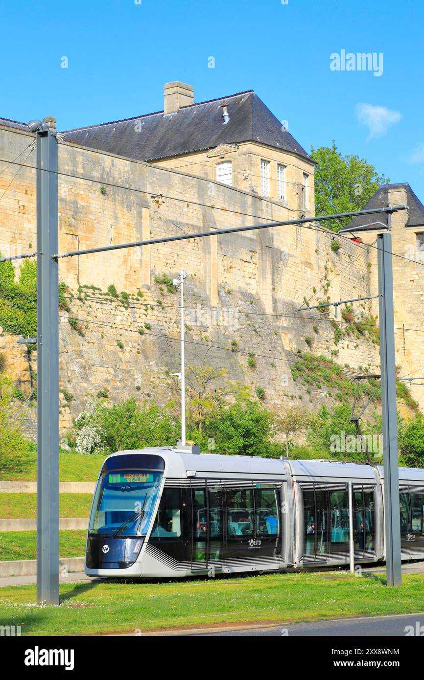 France, Calvados (14), Caen, tramway at the foot of the ramparts of the ...