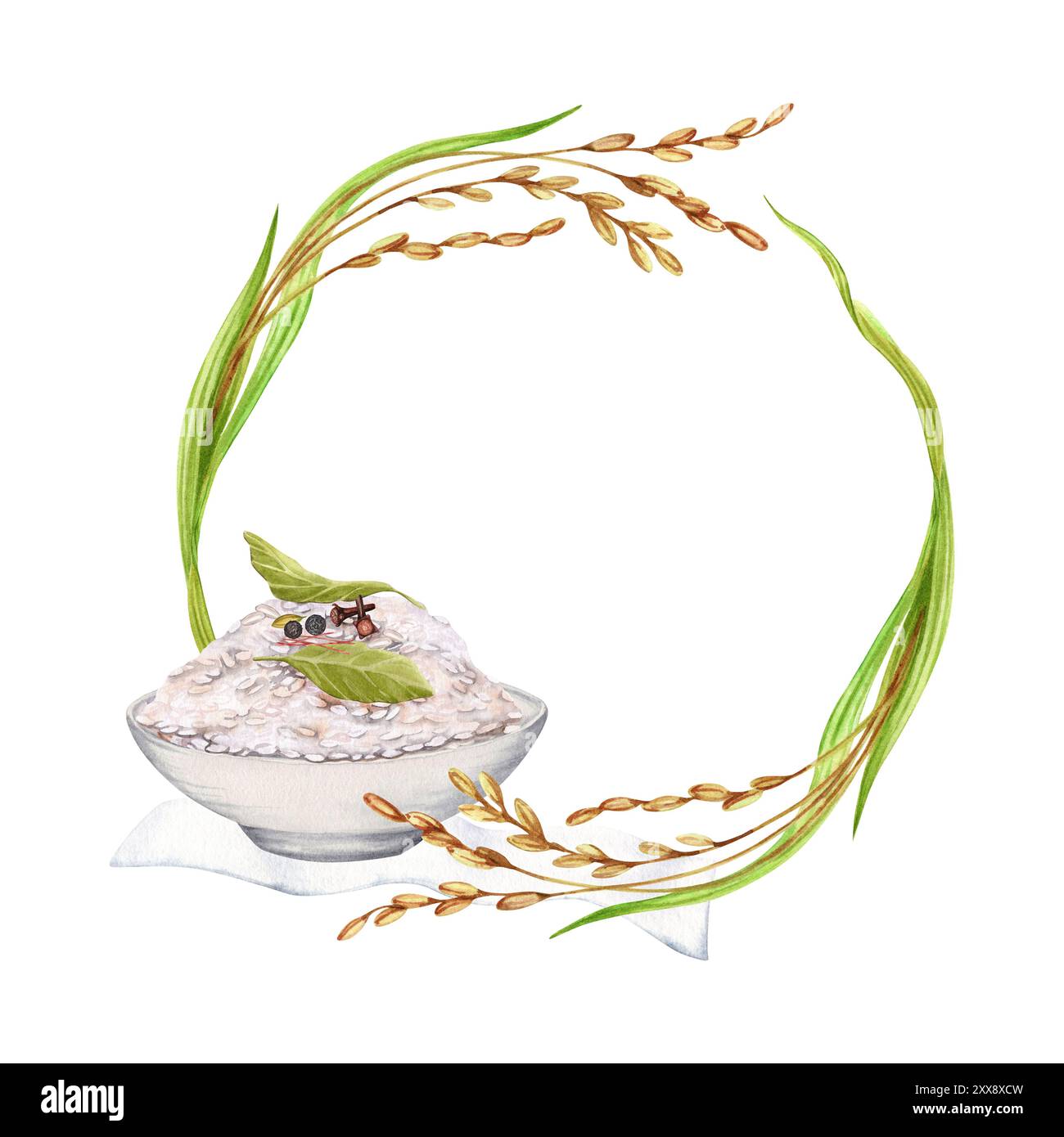 Wreath composition with rice plant and bowl of cooked rice. Copy space ...