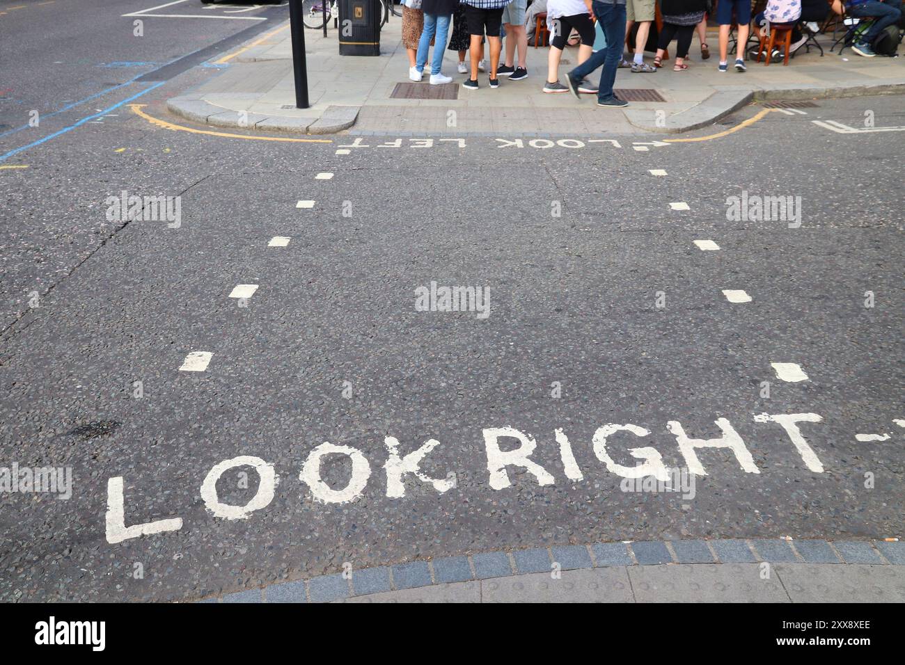 London UK pedestrian sign - look right at a pedestrian crossing ...