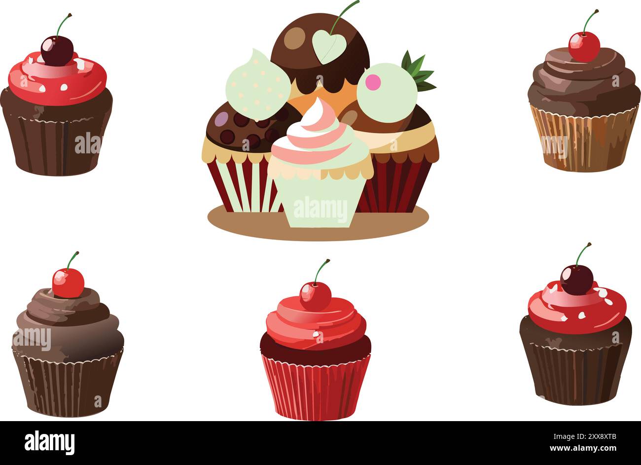 Chocolate and red fruit cupcakes white background design vector illustration graphics Stock ...