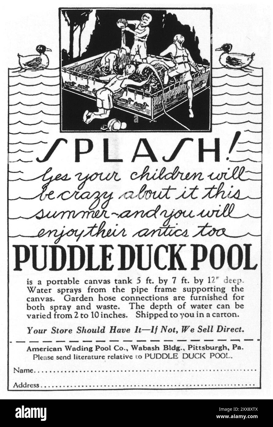 1929 Puddle duck pool ad - American wading pool co Stock Photo - Alamy