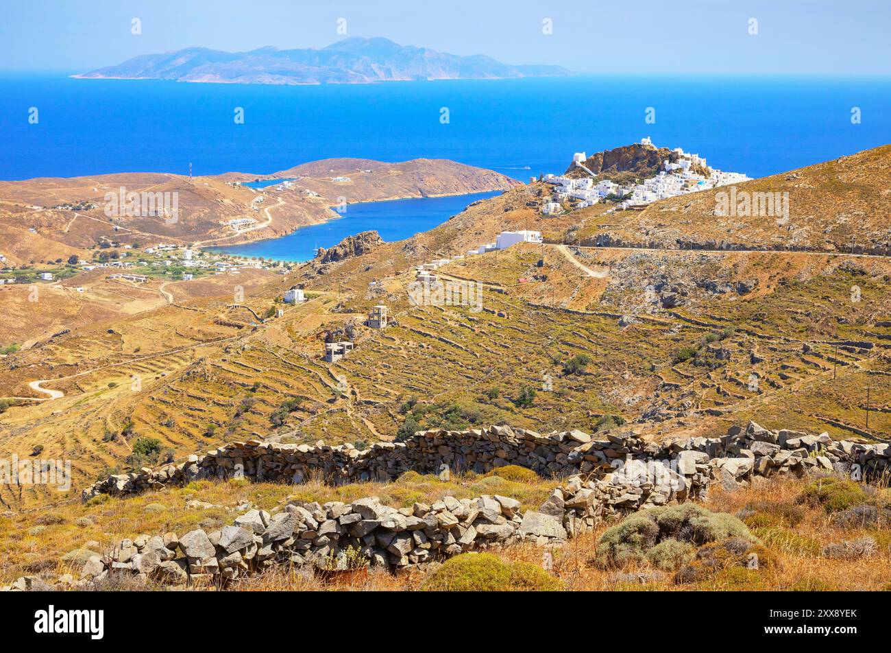 Greece, Cyclades islands, Serifos island, View of Chora village and the ...