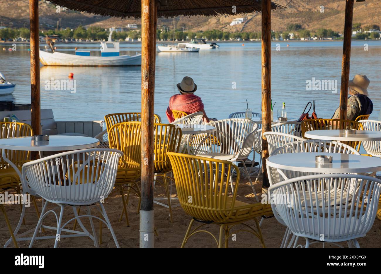 Greece, Cyclades islands, Serifos island, Outdoor cafe, Livadi Stock ...