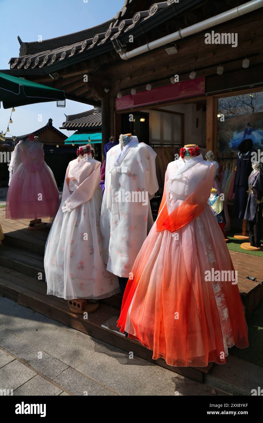 Jeonju town in South Korea. Hanbok traditional Korean clothes rental ...