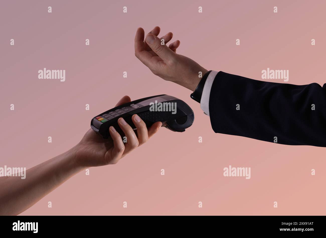 a man uses a smartwatch for cashless payments. The scene showcases the ...