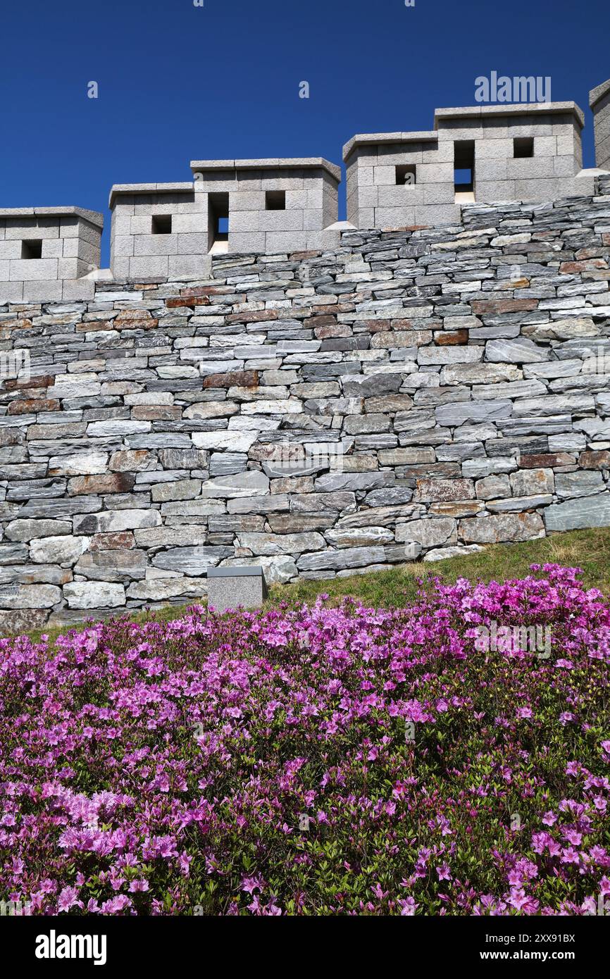 Seoul city walls and blooming azaleas in spring. Namsan Park view Stock ...