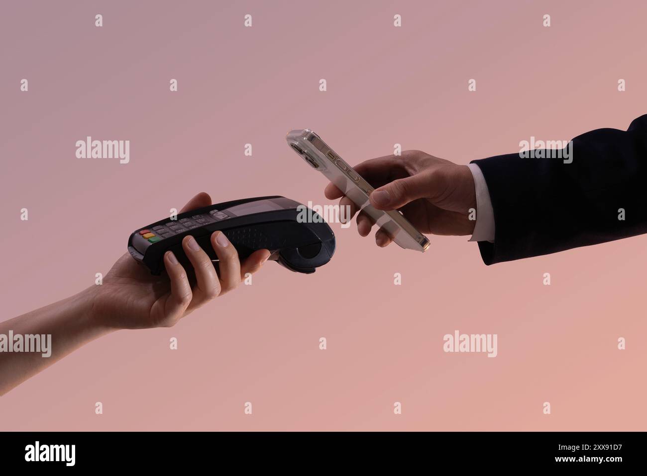 Contactless payment, tap-to-pay technologies. One hand holds the ...