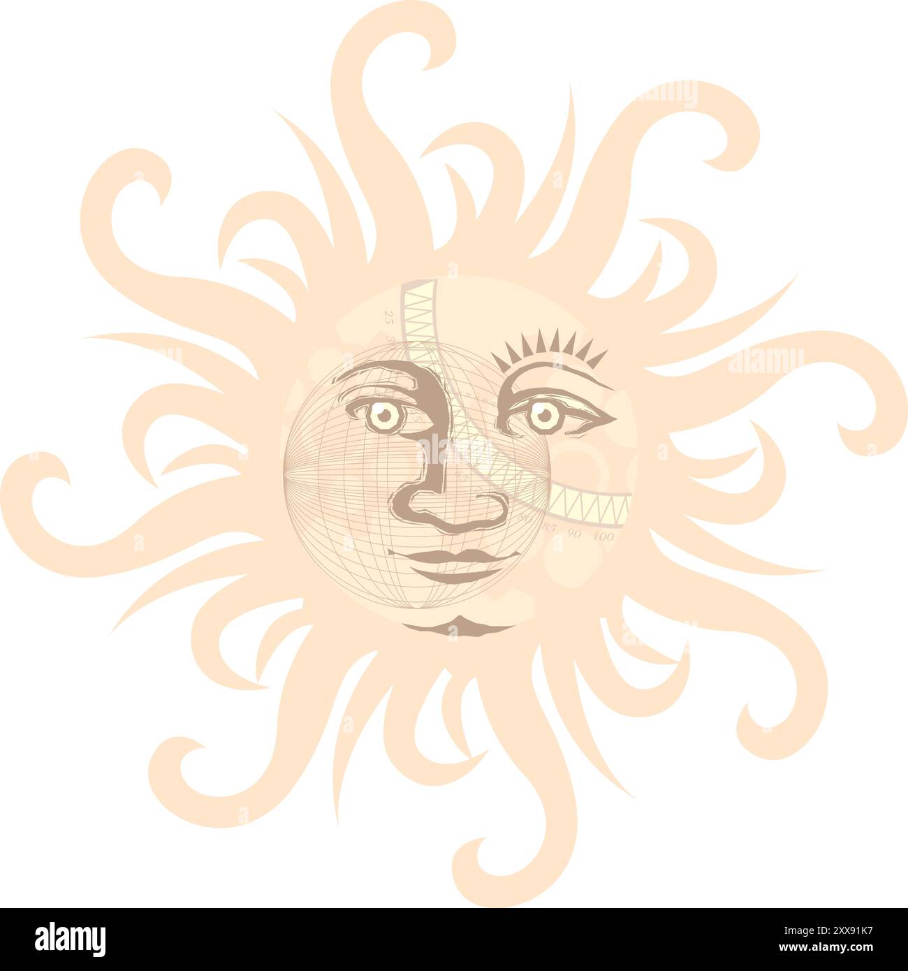 Tribal style sun with antropomorphic face hand drawn vector ...