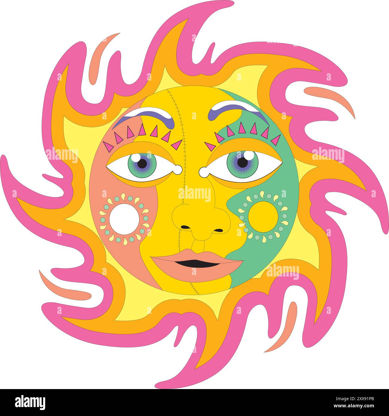 Tribal style sun with antropomorphic face hand drawn vector ...