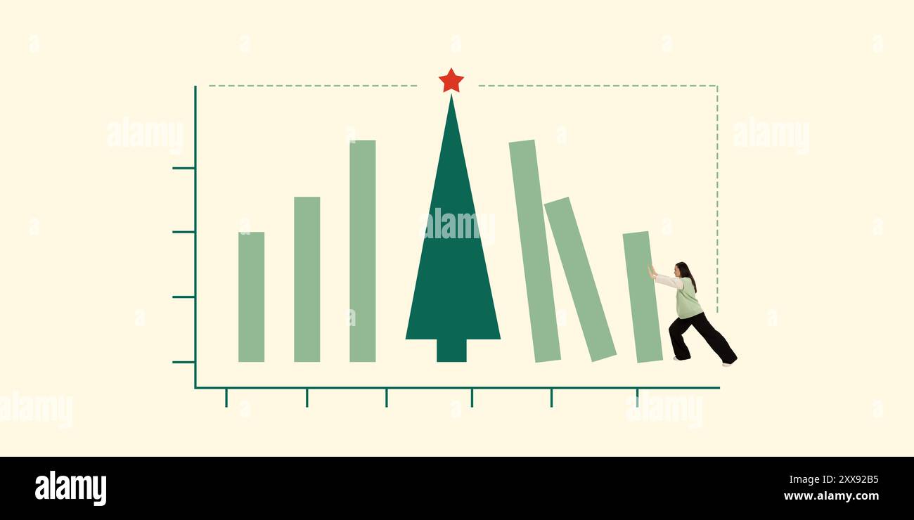 Poster. Contemporary art collage. Woman adjusts falling bar graphs to ...