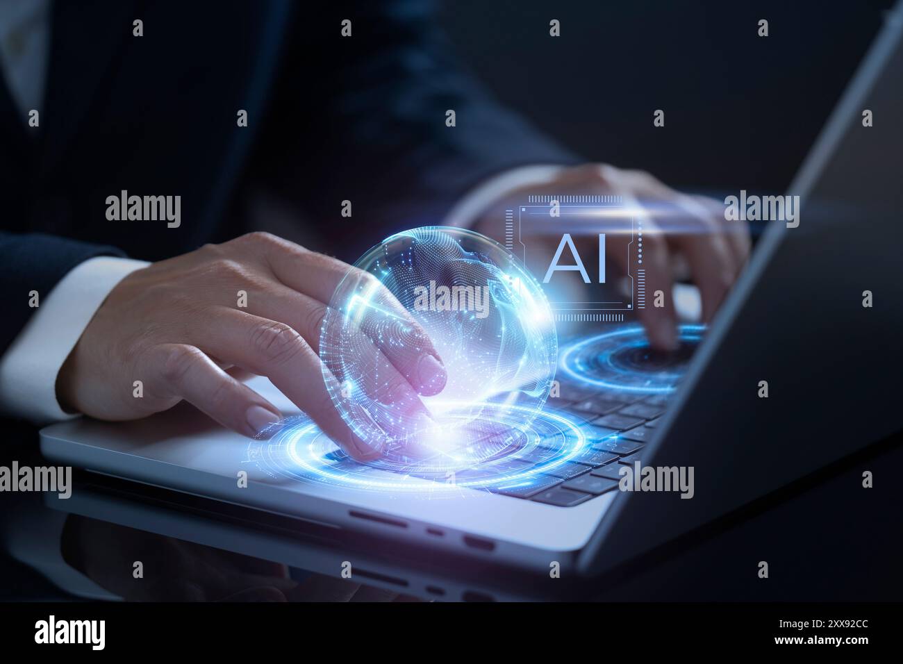 The laptop screen displays a futuristic AI interface with sophisticated ...