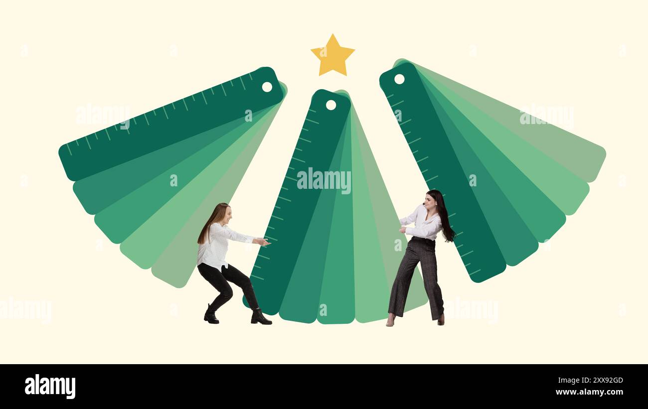 Poster. Contemporary art collage. Two women playfully interact with ...