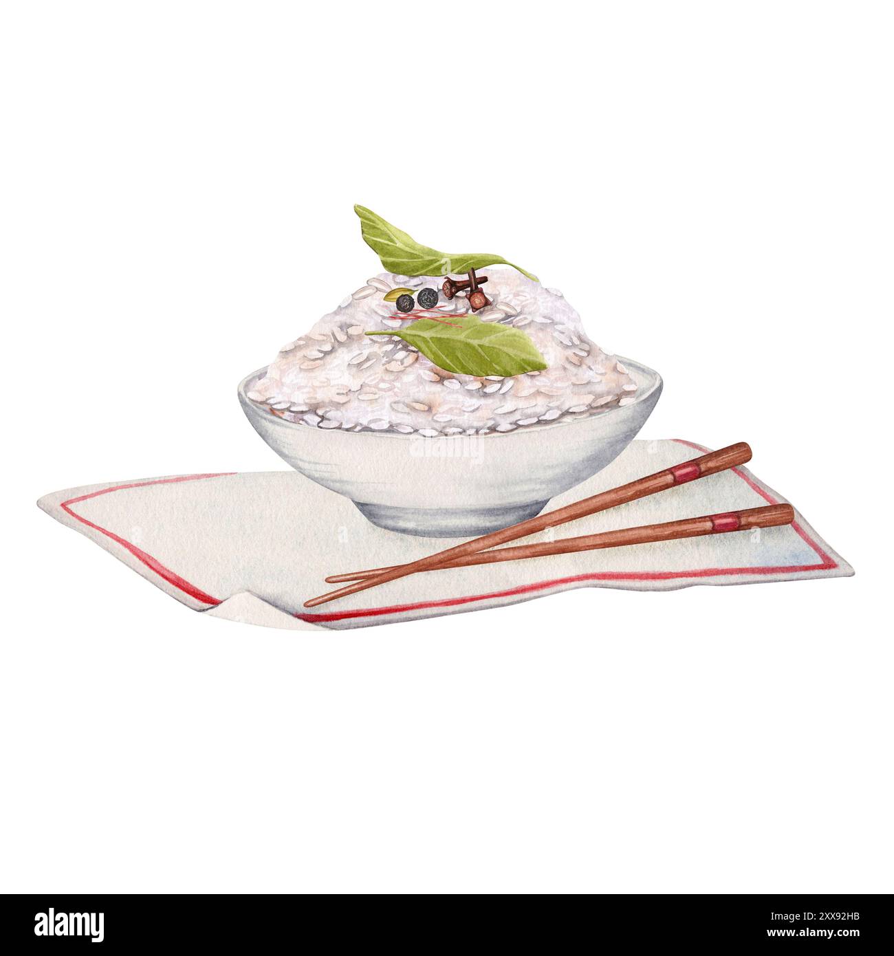 Bowl of cooked white rice with wooden chop sticks and food spices. Hand ...