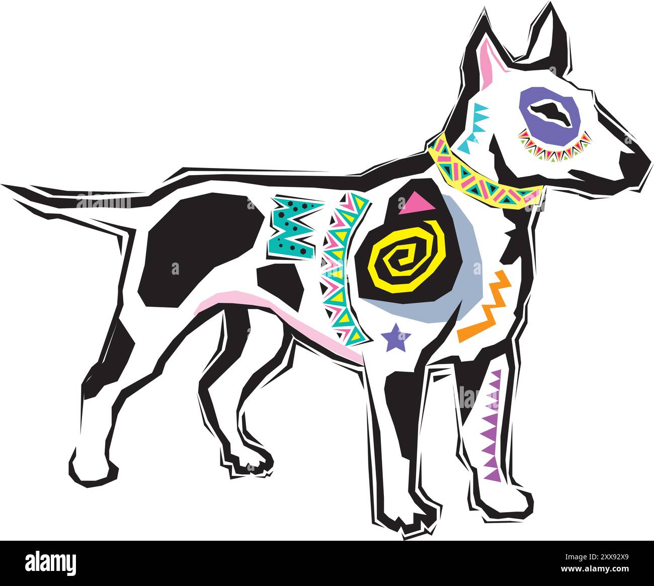 A cartoon dog with colorful facial features in the style of aztec art ...