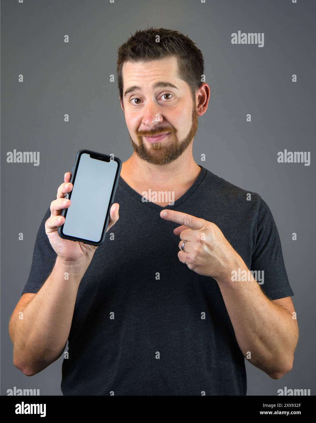 Self-Portrait Man Holding Smartphone with Blank Screen for Text Overlay ...