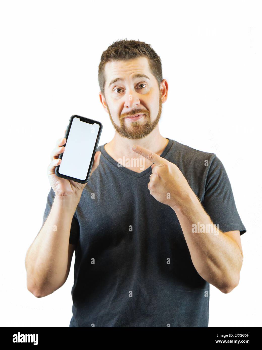 Self-Portrait Man Holding Smartphone with Blank Screen for Text Overlay ...