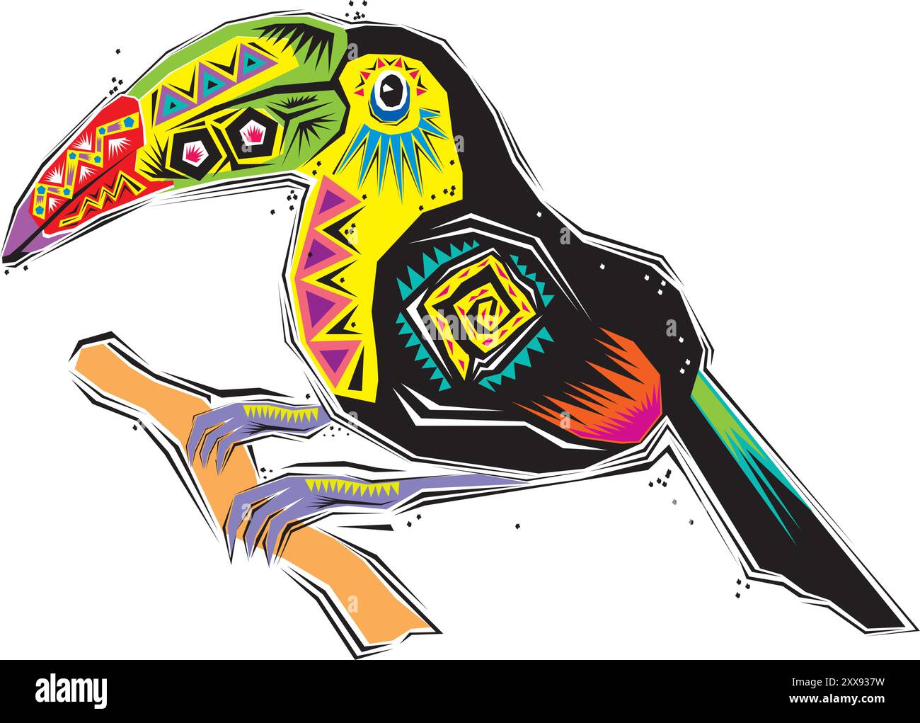 A large toucan toko sits on a branch. Bright vector illustration of ...