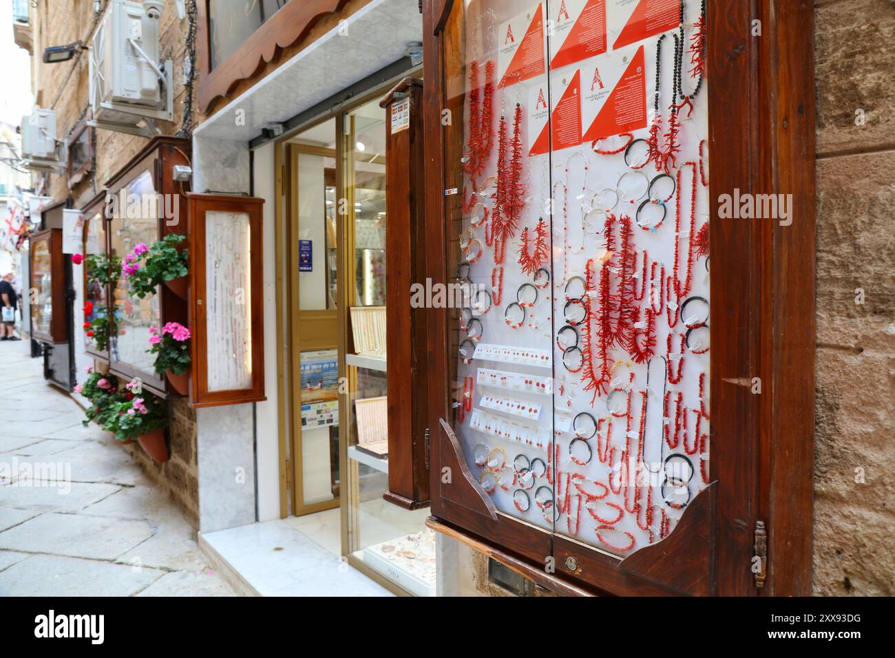 ALGHERO, ITALY - MAY 29, 2023: Coral jewelry shop in Alghero town in ...