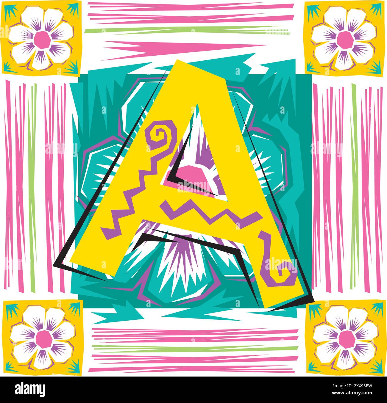 A decorative letter A in a Fiesta style with green, pink lines, and ...
