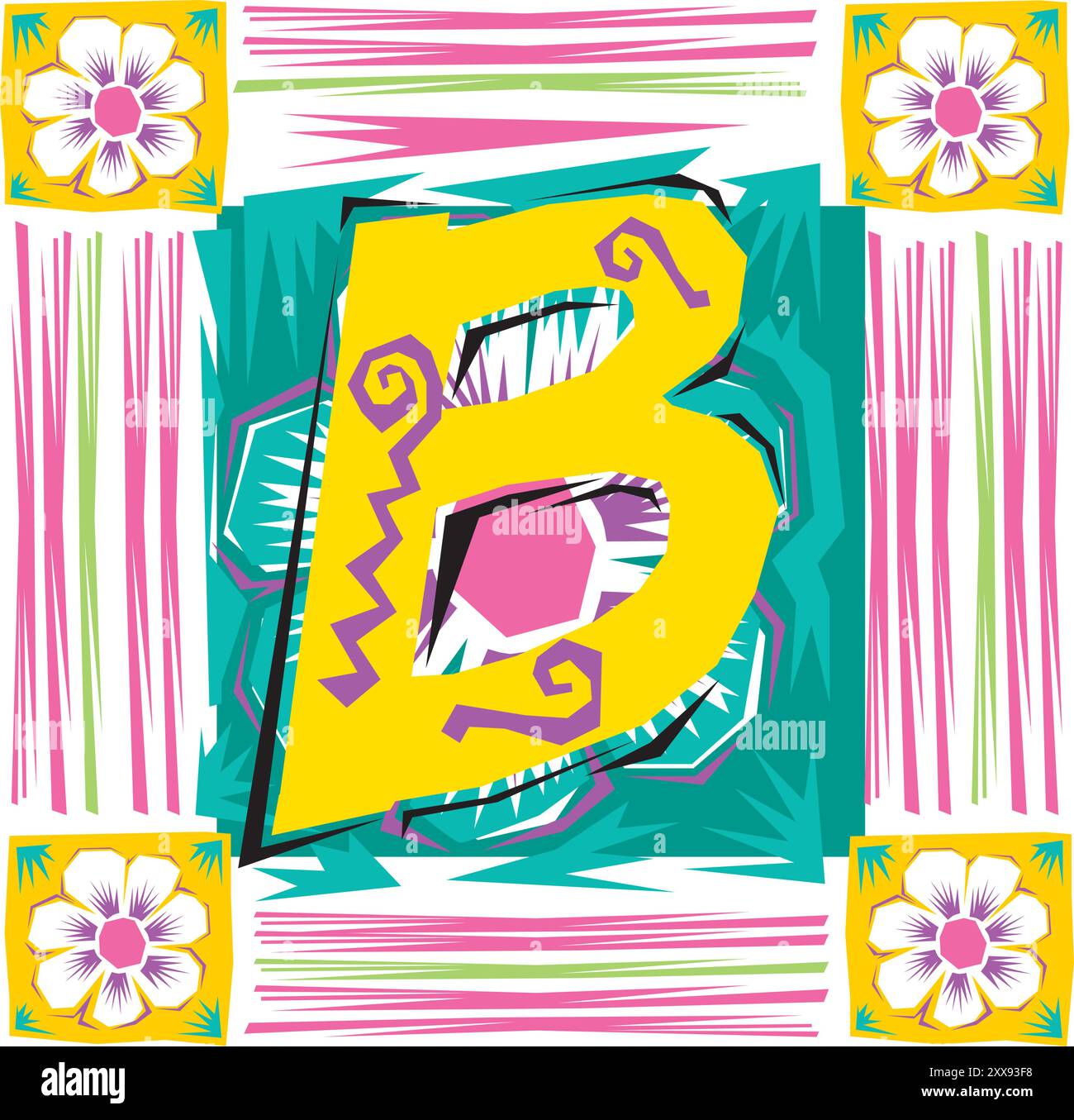 A decorative letter B in a Fiesta style with green, pink lines, and ...