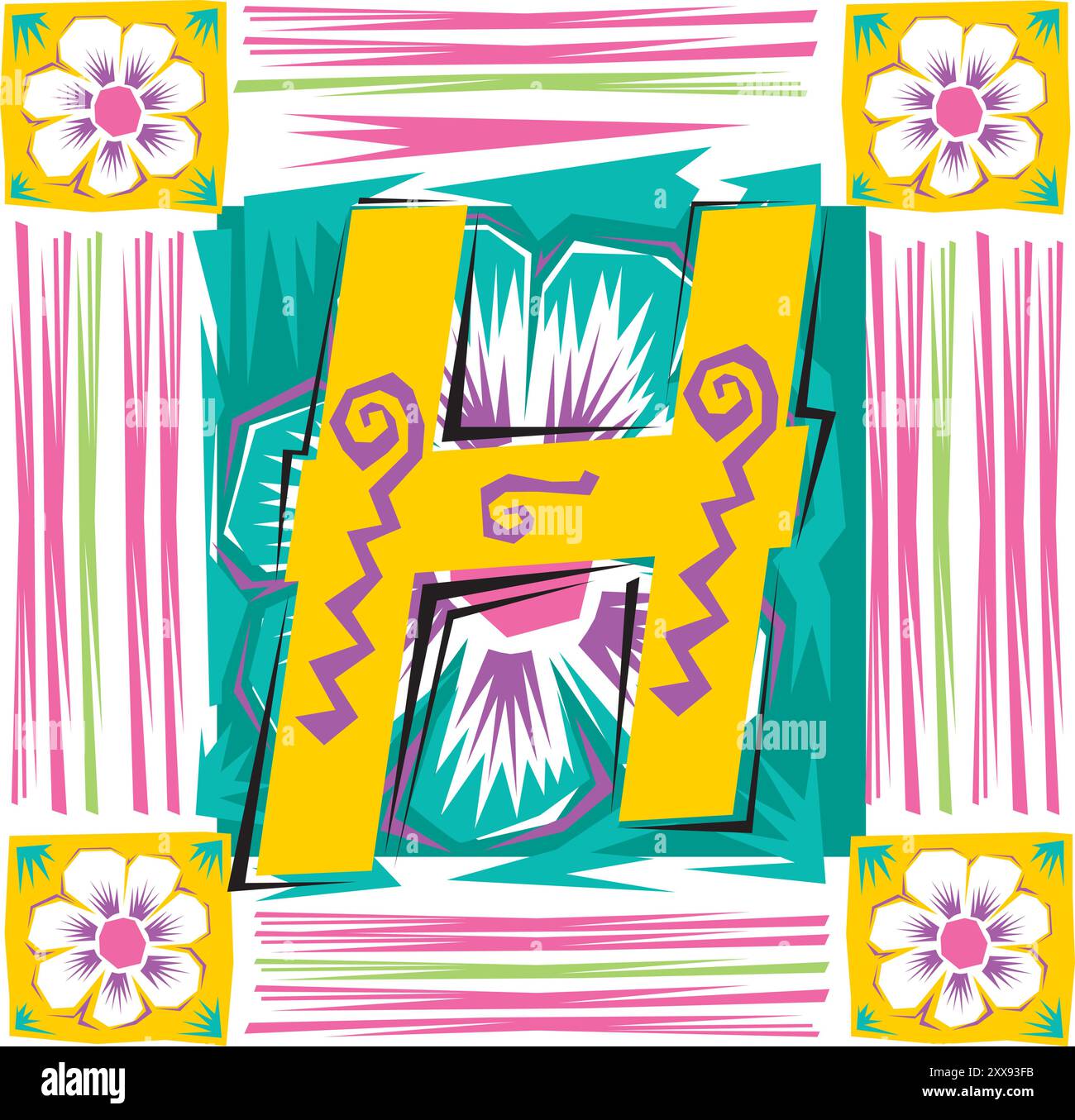 A decorative letter H in a Fiesta style with green, pink lines, and ...