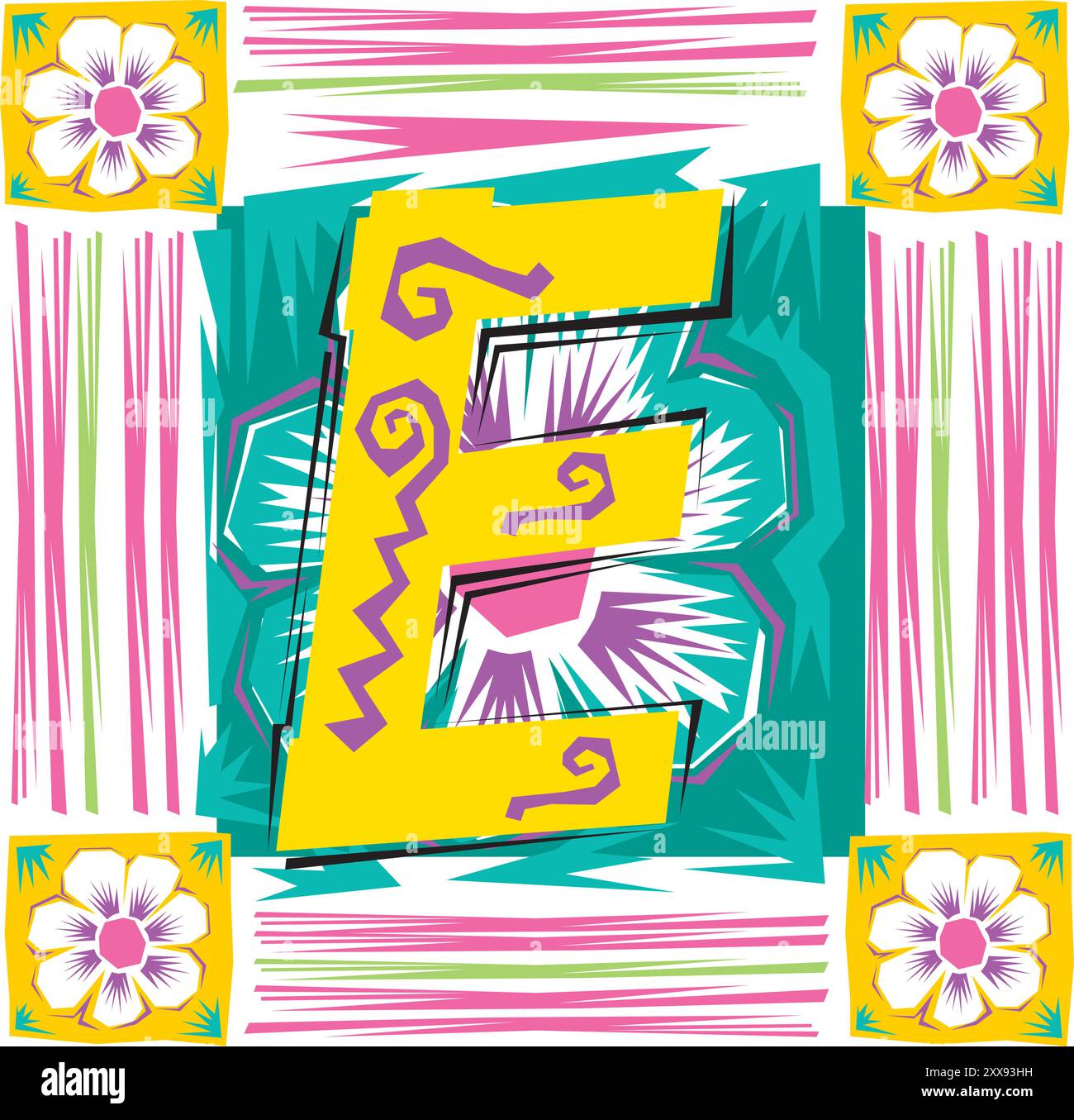 A decorative letter E in a Fiesta style with green, pink lines, and ...