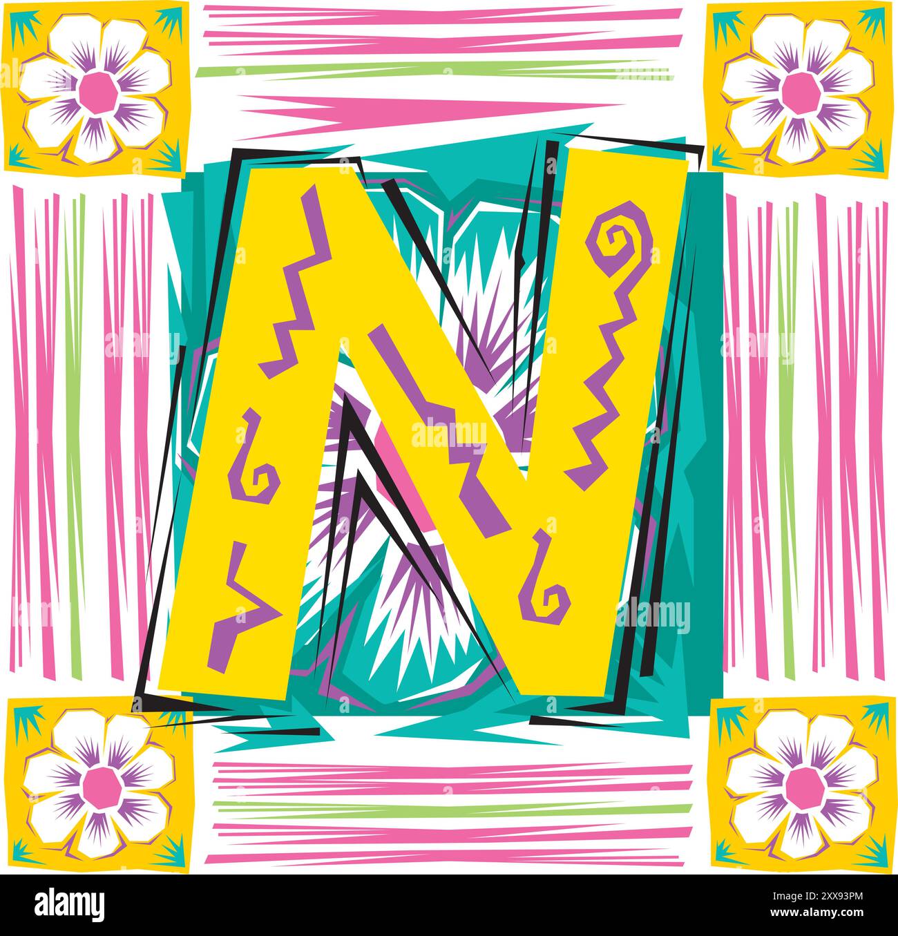 A decorative letter N in a Fiesta style with green, pink lines, and ...