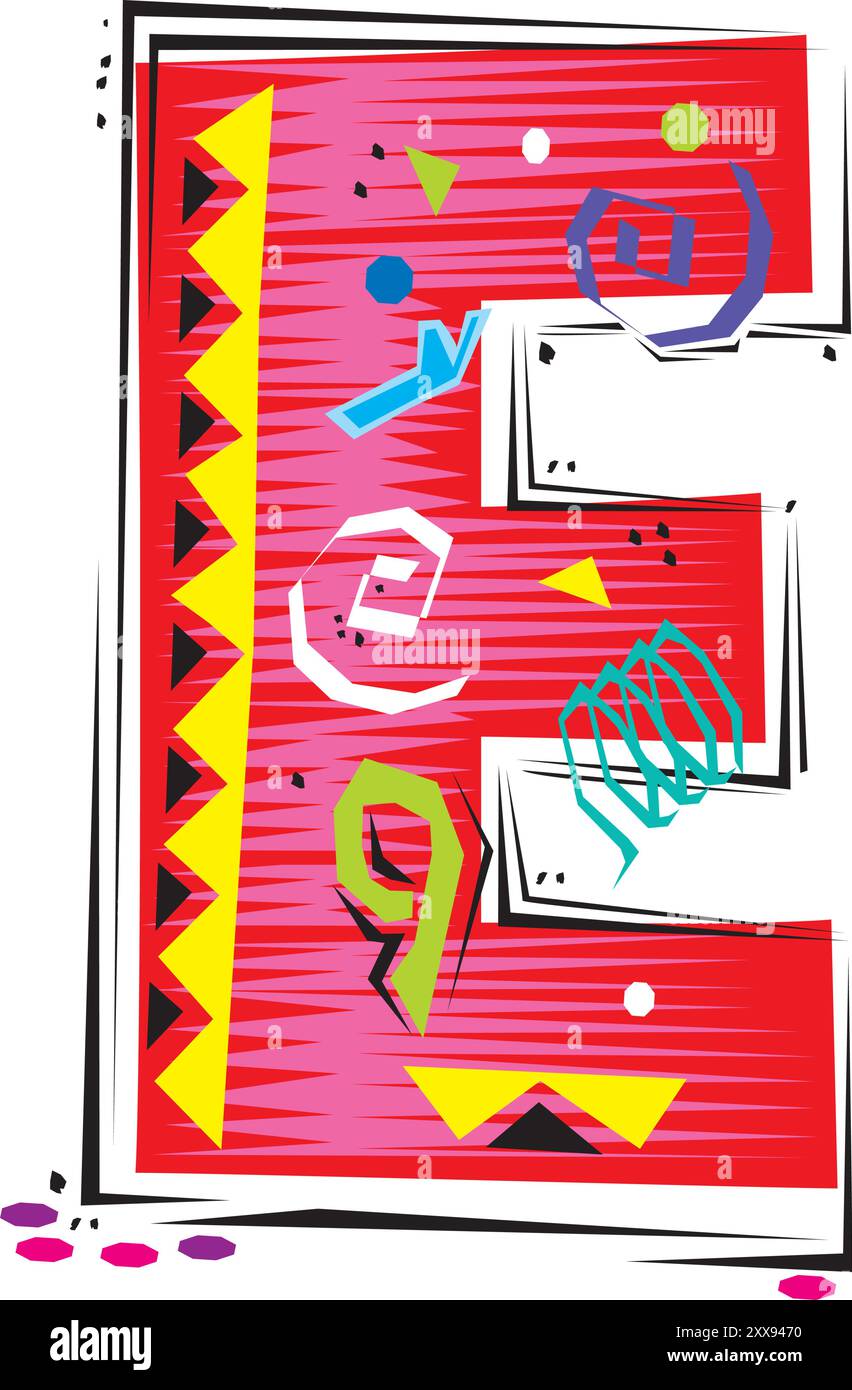 A decorative letter E in a Fiesta style with red, pink lines, and ...