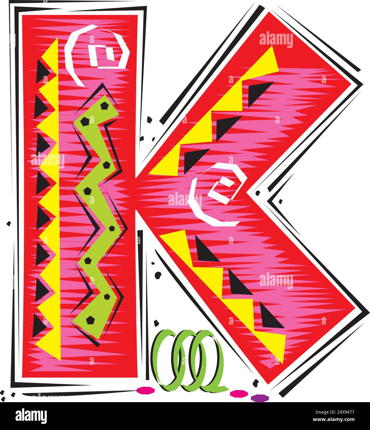 A decorative letter K in a Fiesta style with red, pink lines, and ...