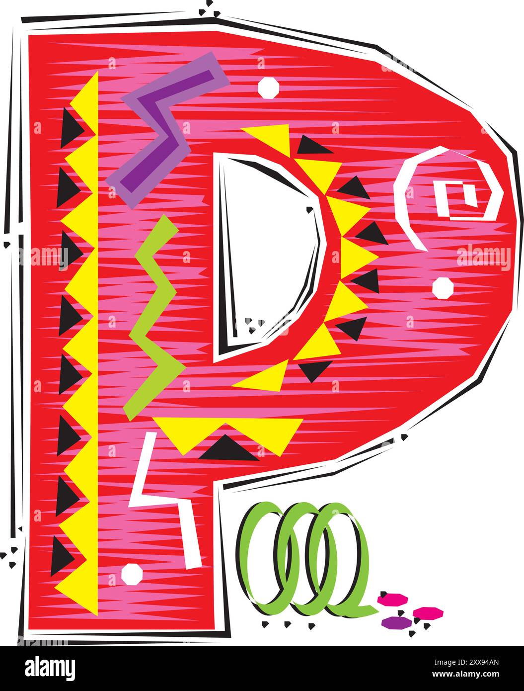 A decorative letter P in a Fiesta style with red, pink lines, and ...