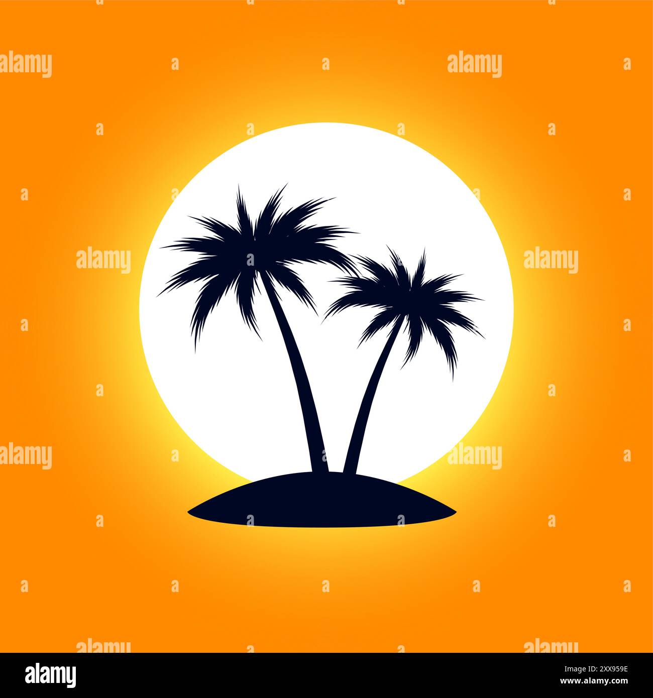 Sunset and Sunrise on the Beach with Coconut Trees or Tropical Palm Trees on Orange Background ...