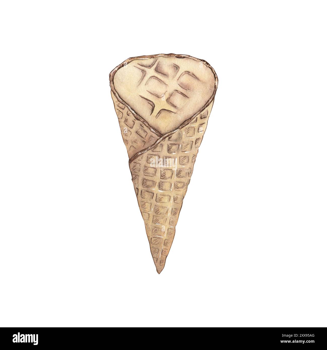 Waffle ice cream cone with watercolor paints on a white background ...