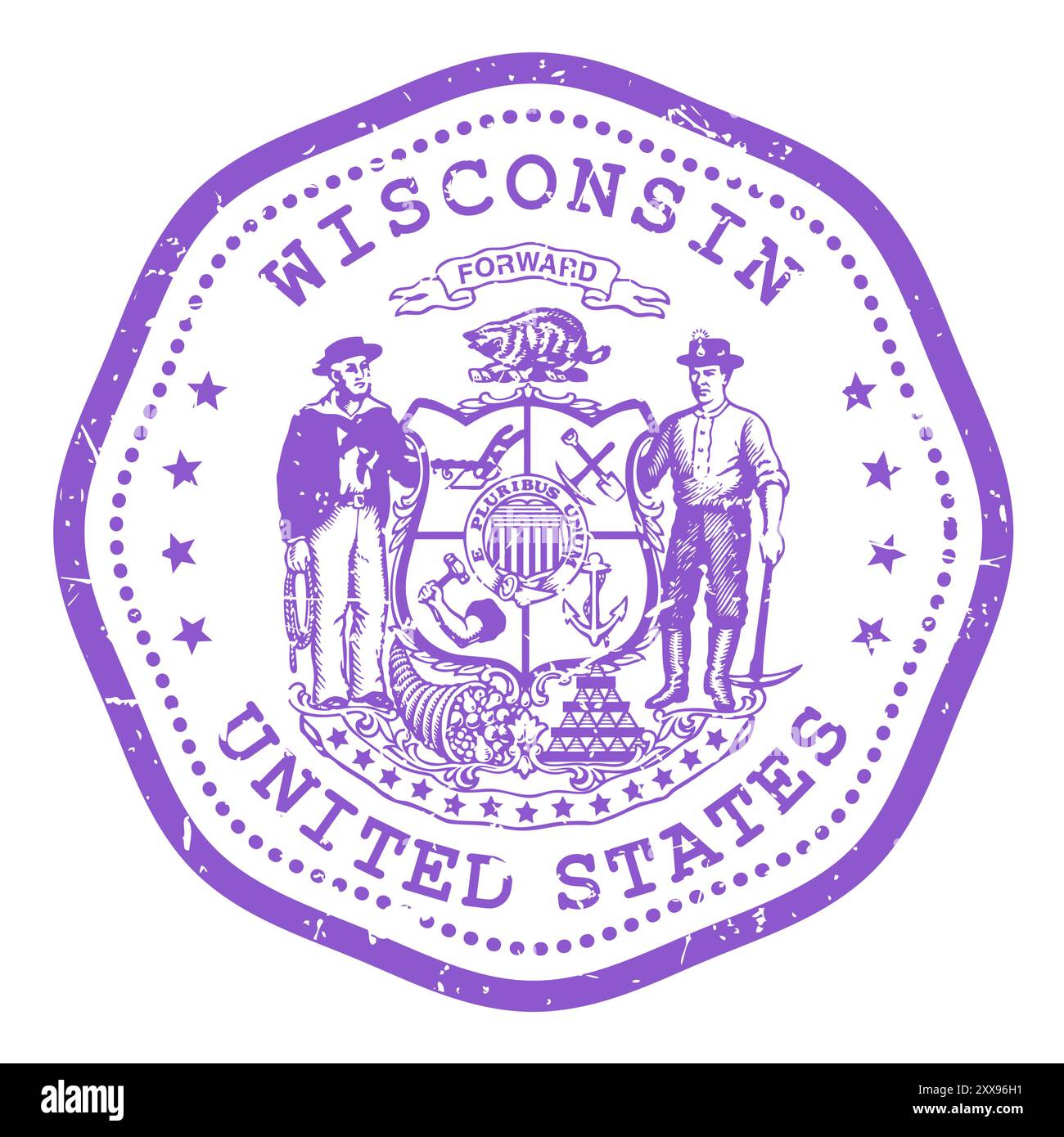 Wisconsin state stamp with seal, USA travel stamp, shabby postmark of ...