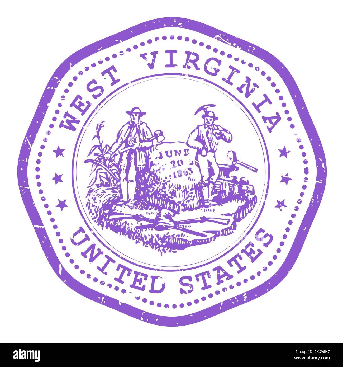 West Virginia state stamp with seal, USA travel stamp, shabby postmark ...