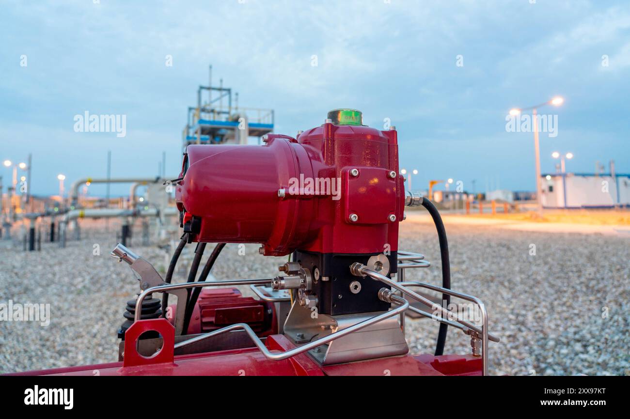 Emergency gas blow down valve on gas equipment with red actuator Stock ...