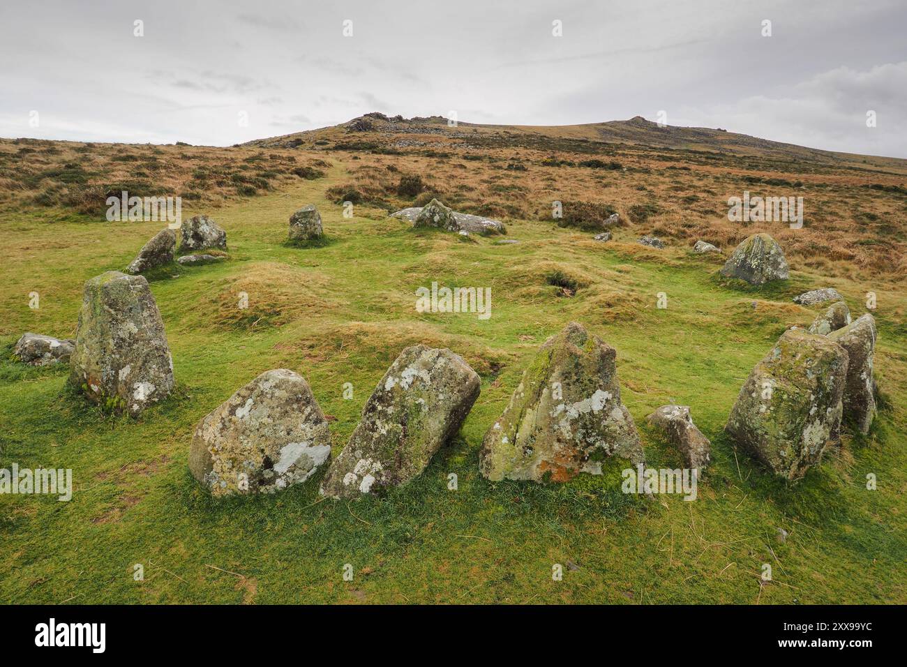 Nine Maidens Bronze Age megalithic cairn circle under Belstone Tor ...