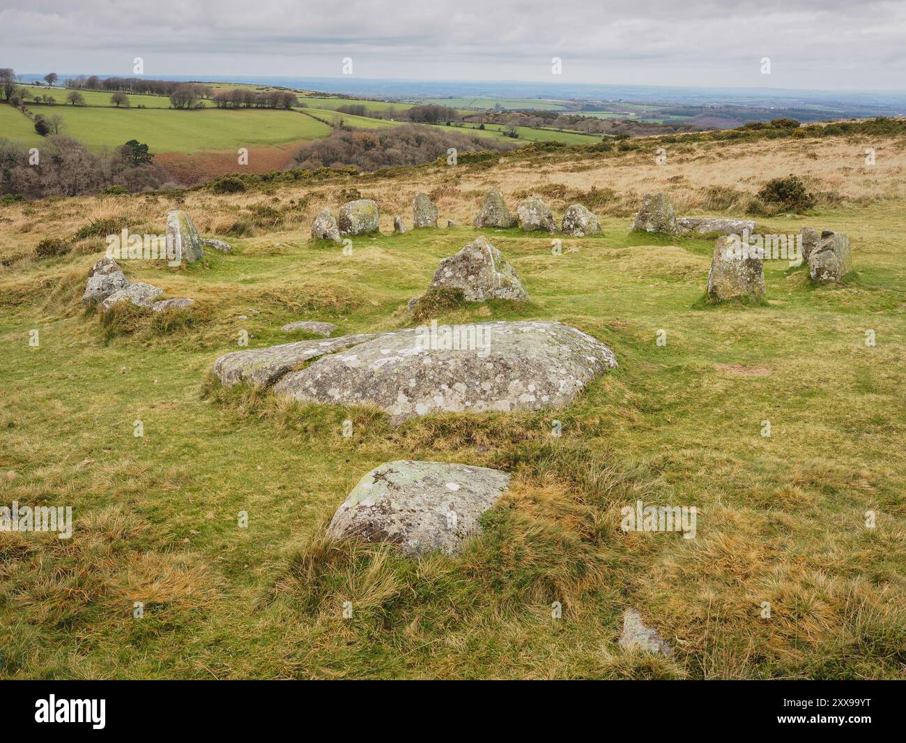 Nine Maidens Bronze Age megalithic cairn circle, Dartmoor UK Stock ...