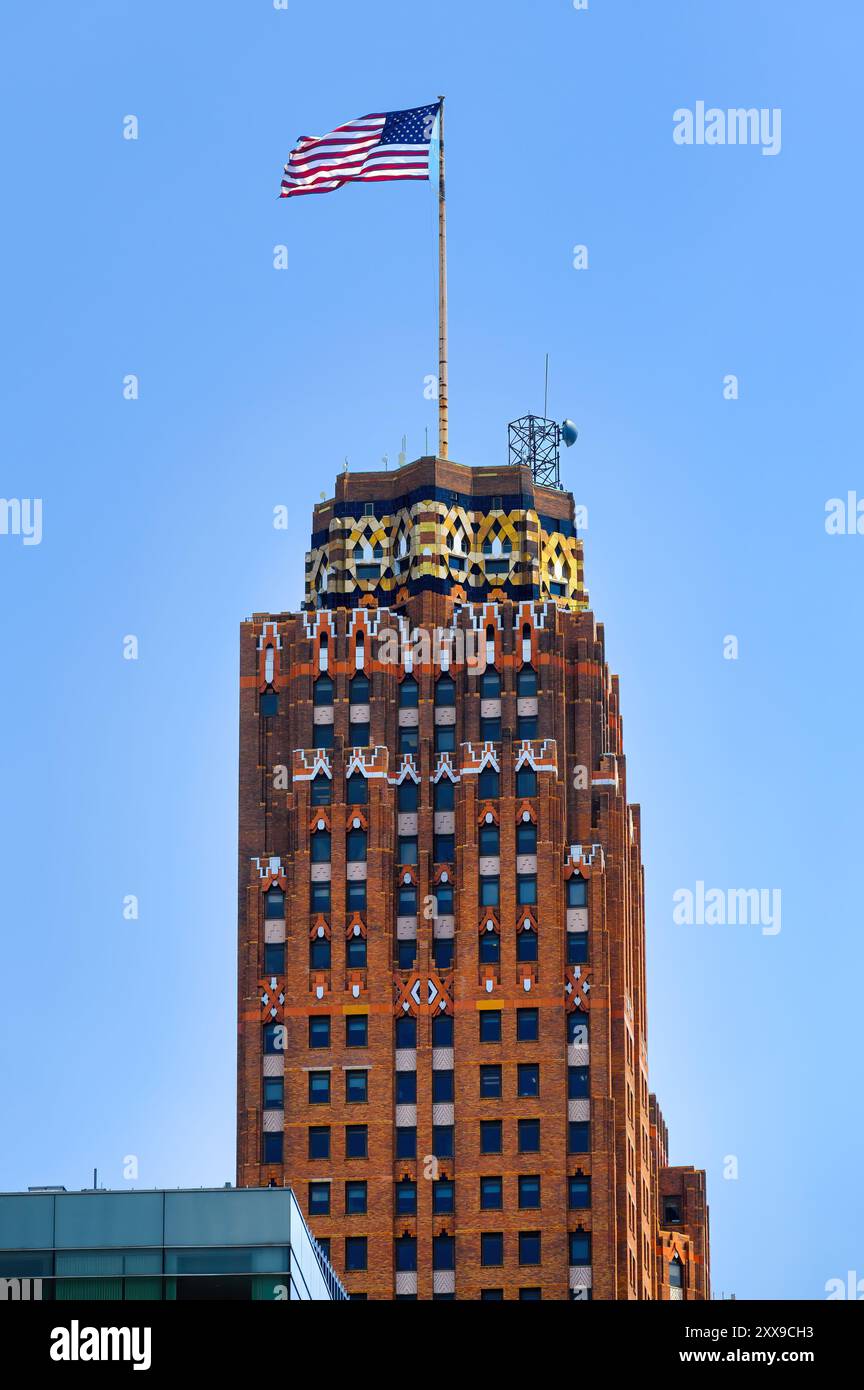 Detroit, USA - June 13, 2024: American flag on top of the Guardian ...