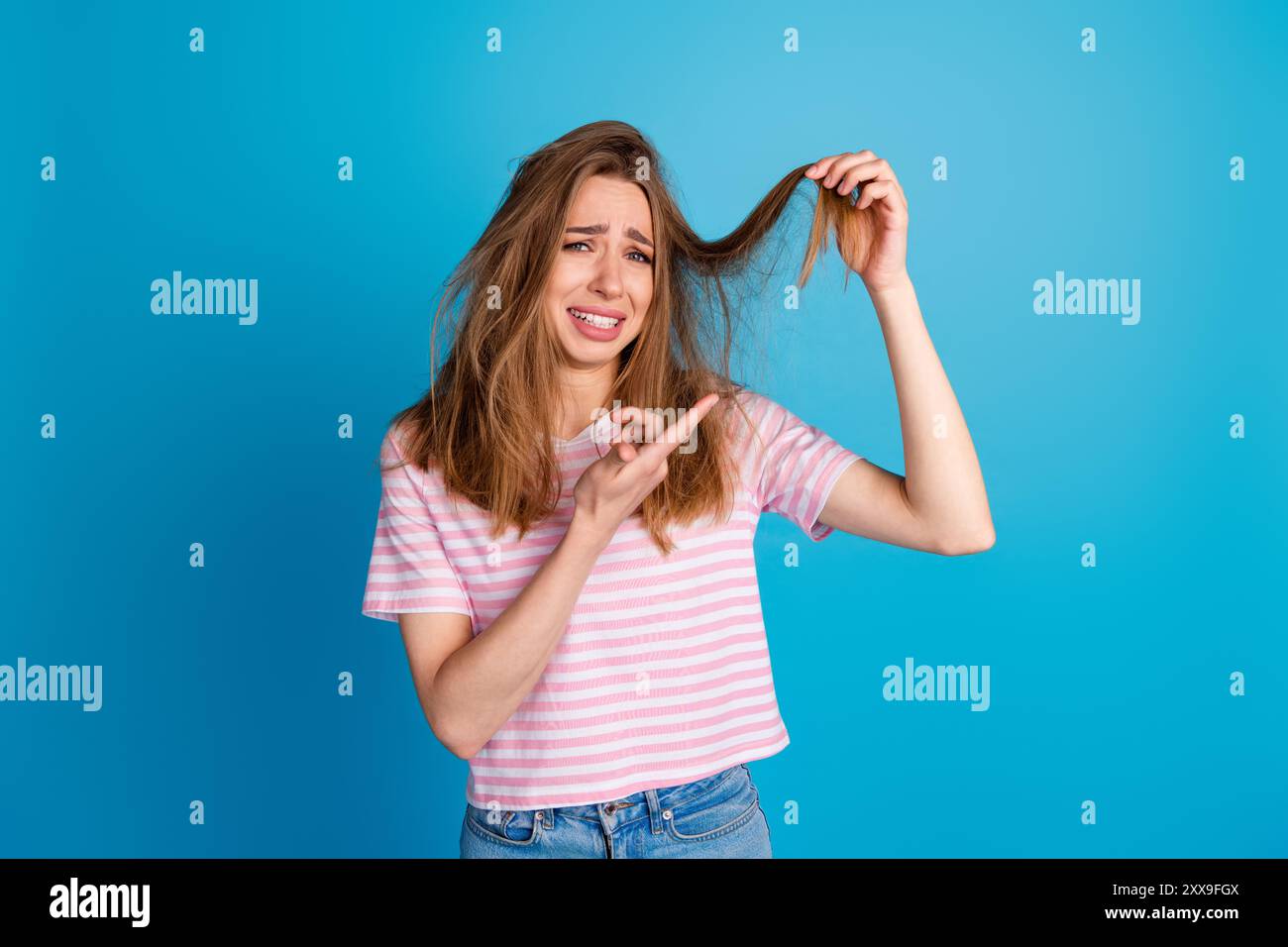 Photo of stressed depressed woman wear trendy pink clothes suffer ...