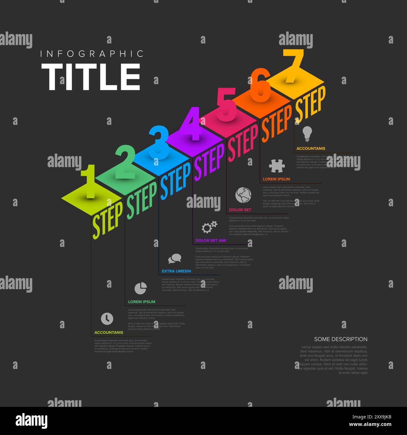 Seven isometry steps with big numbers rescription and icons ...