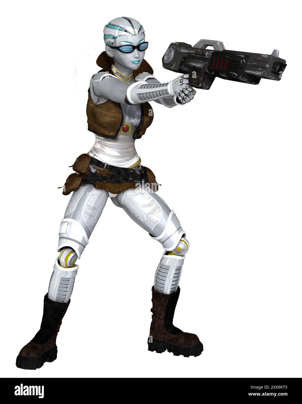 Female Cyborg Adventurer Shooting a Giant Gun Stock Photo - Alamy